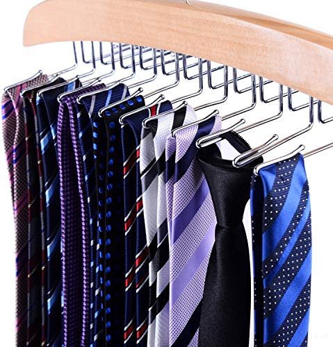 Tie Rack Hanger for Closet, Ohuhu Wooden Tie Organizer 360 Degree Rotating Tie Holder with 24 Folding Hooks, Tie and Belt Storage for Men Neckties Belts Scarves Tank Tops Accessories, 2 Pack