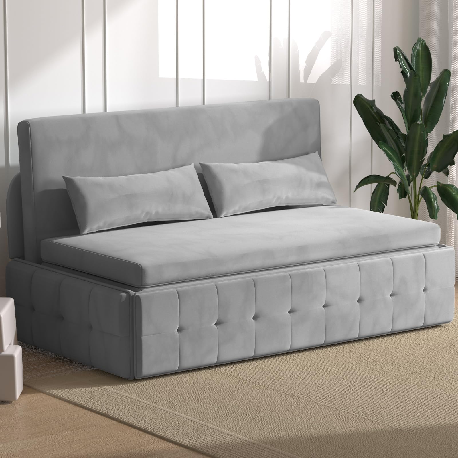 CECER Queen Size Pull Out Sofa Bed, Guest Couch Bed with 2 Pillows, Velvet Convertible Sleeper Sofa with Foldable Mattress, 3 in 1 Armless Loveseat Bed for Living Room,Small Space(Light Grey)