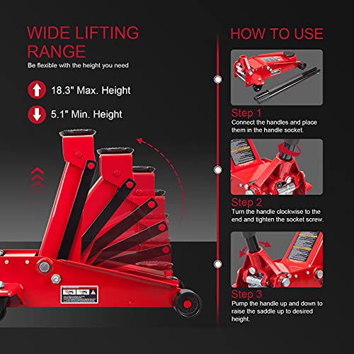 BIG RED ATZ830023R Torin Hydraulic Heavy Duty Steel Service/Floor Jack with Dual Piston Quick Lift Pump, 3 Ton (6,000 lb) Capacity, Red