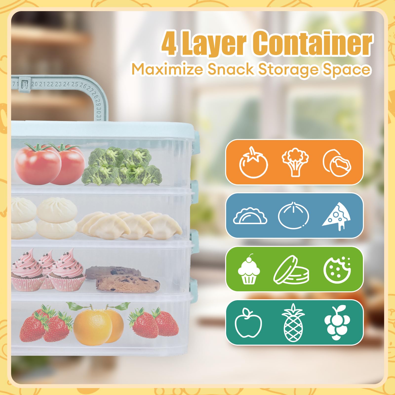 Splotiva 4 Layers Storage Container, 1.61'' Extra-High Layer, Cookie Carrier, Dumpling Box, Stackable Food Container (White & Mint Green)