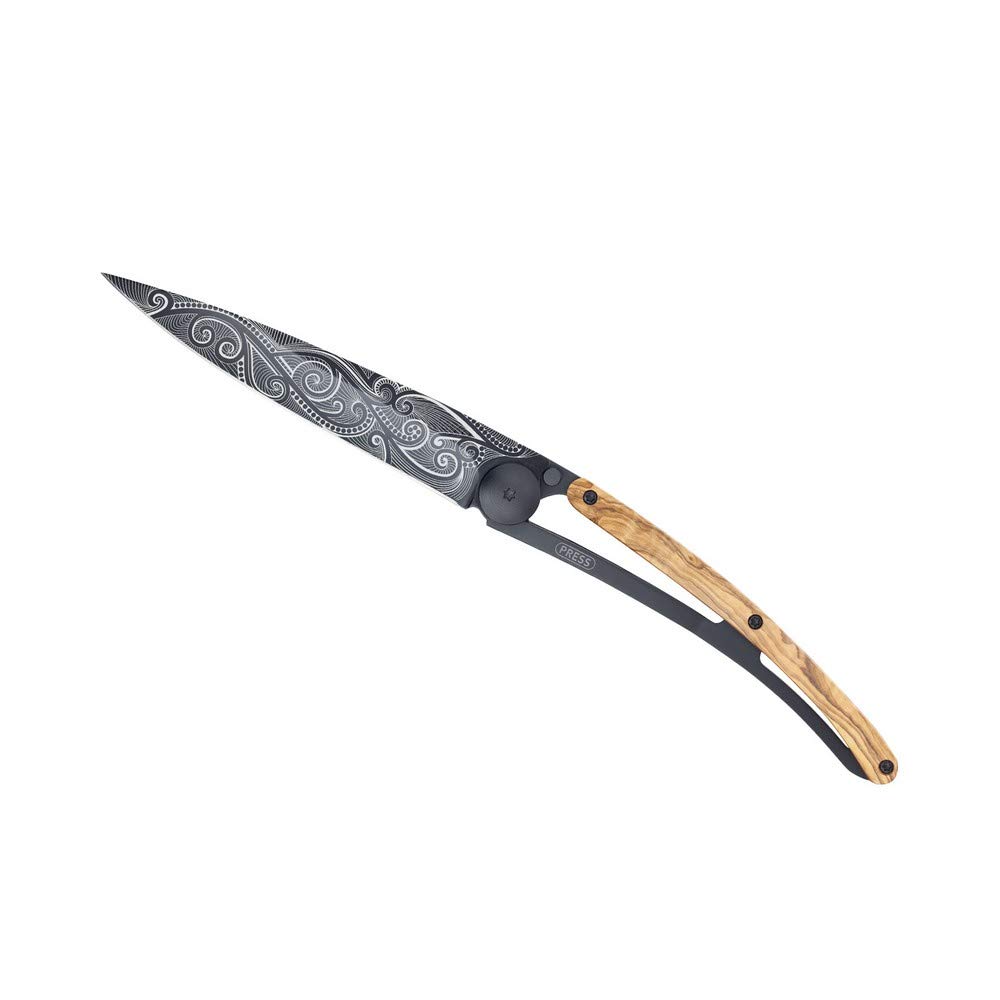 deejo - Serrated 1.3 OZ, Olive Wood, Black Titanium, Pacific - Ultra-Light Pocket Folding Knife with a Belt Clip - Stainless Steel Z40C13