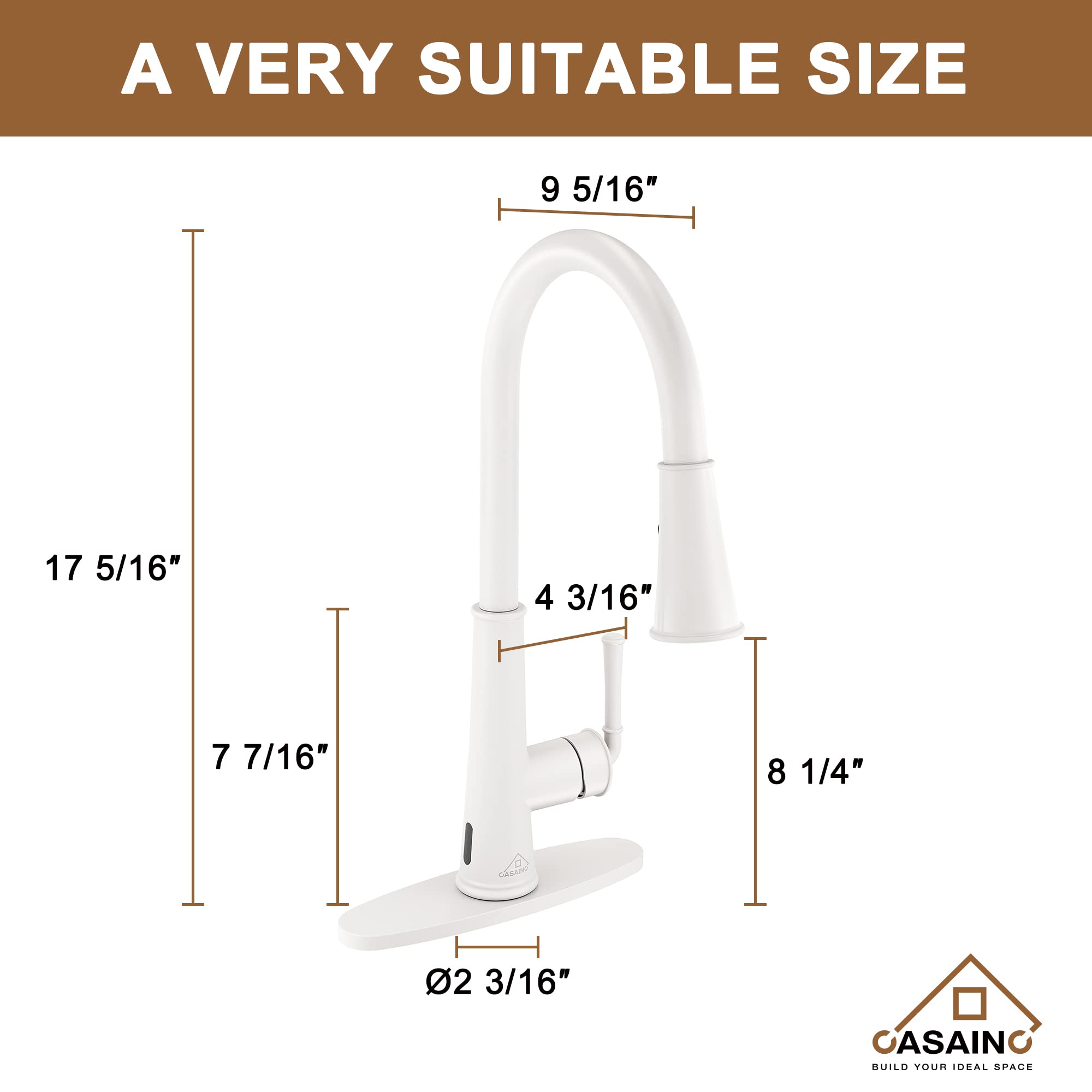 CASAINC Kitchen Faucet with Pull Down Sprayer Matte White with LED Function, 17.31in H Touchless 1.8 gpm Single Handle Kitchen Sink Faucet, Lead-Free Copper for Bar Laundry Kitchen Sink
