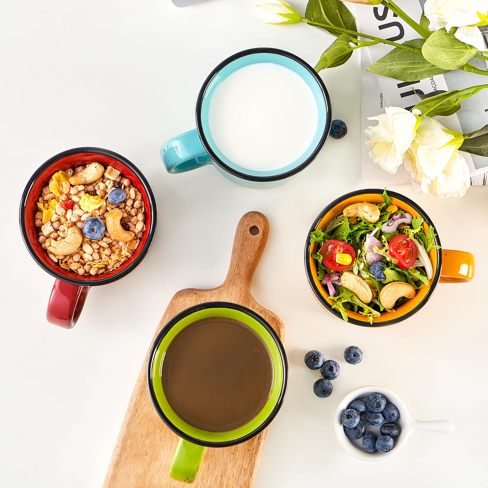 bestone Coffee Mugs Set of 4,16 oz Large Coffee Mugs, Ceramic Mugs with Handles,Coffee,Salad,Noodles etc Coffee Mugs, Cups for Coffee Cereal Latte ,Microwave & Dishwasher safe,Vibrant Colors