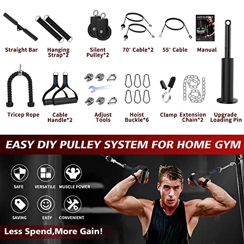 Concho Cable Pulley System Gym, Upgraded Weight Pulley System with 3 Detachable Handles, LAT and Lift Pulley Attachments for Biceps Curl, Triceps, Chest Workout - DIY Home Gym Fitness Equipment