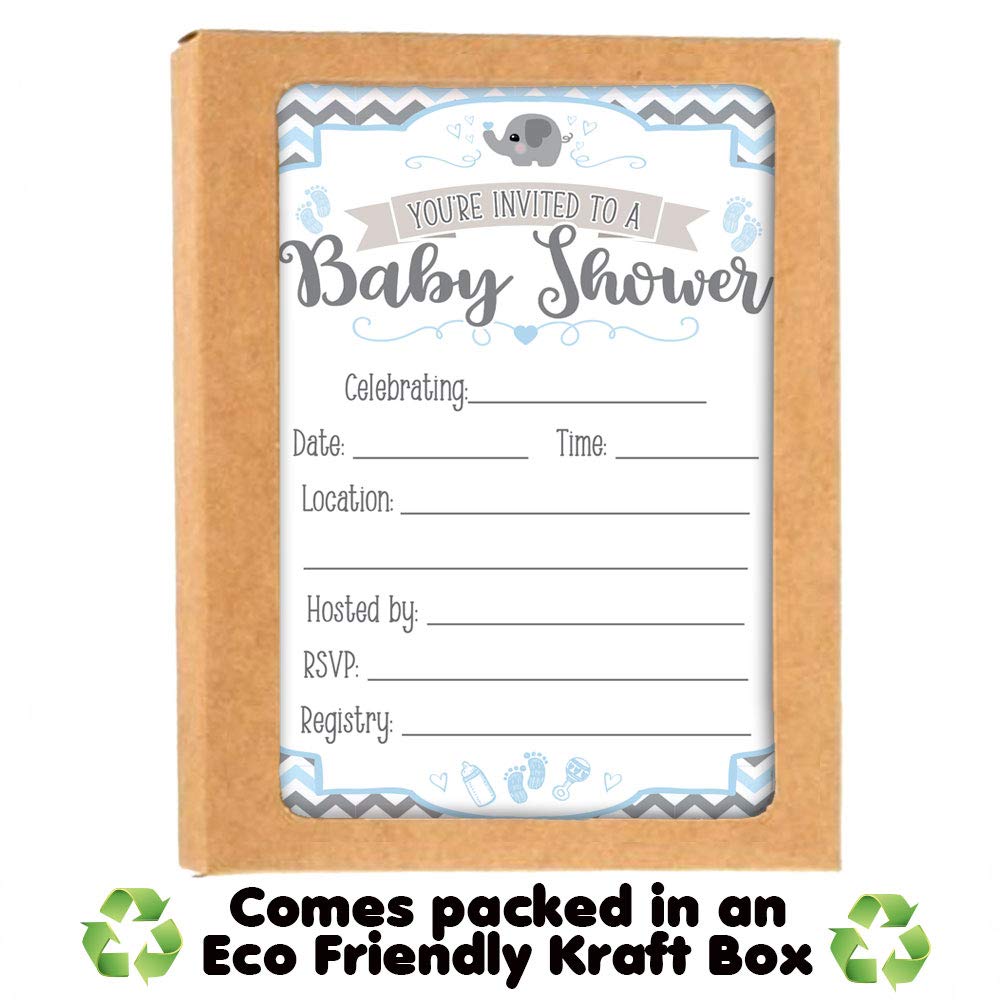 Blue Elephant Baby Shower Invitations with Envelopes 25 Pack | Blue Grey Chevron | Fill in Style | Baby Boy