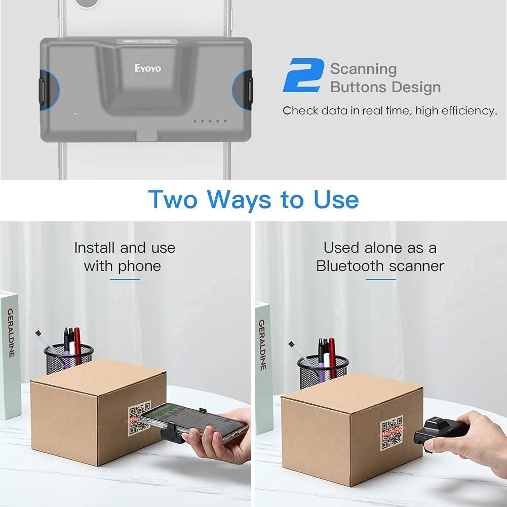 Eyoyo 2D QR Bluetooth Barcode Scanner, Mini Wireless Back Clip-on Phone Bar Code Scanner for 1D QR PDF417 Data Matrix Code Reader, Work with iPhone, Android, iOS for Warehouse Library Book Inventory