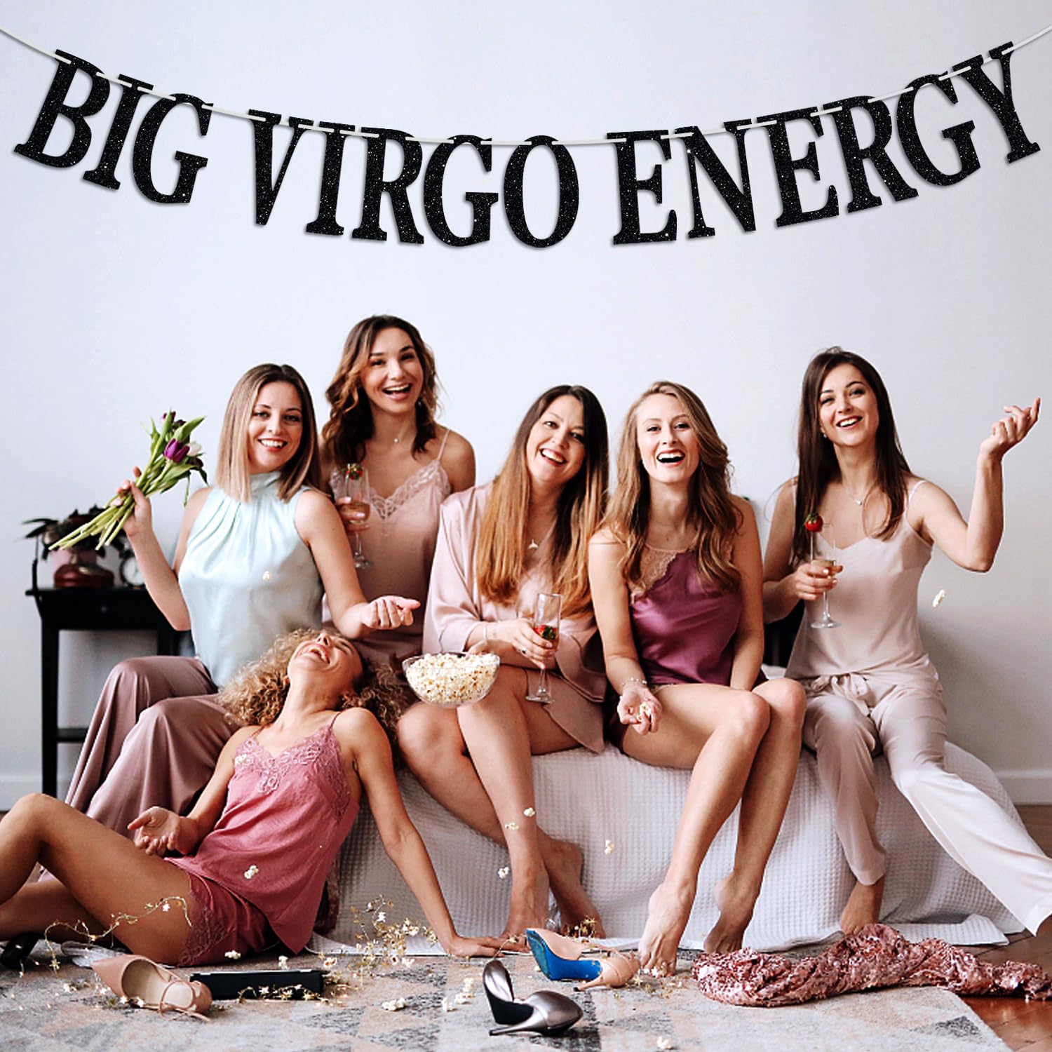 Big Virgo Energy Banner, Virgo Aug/Sept. Birthday Party Decor - 12 Constellation Theme Birthday Party Decorations Supplies, Black Glitter