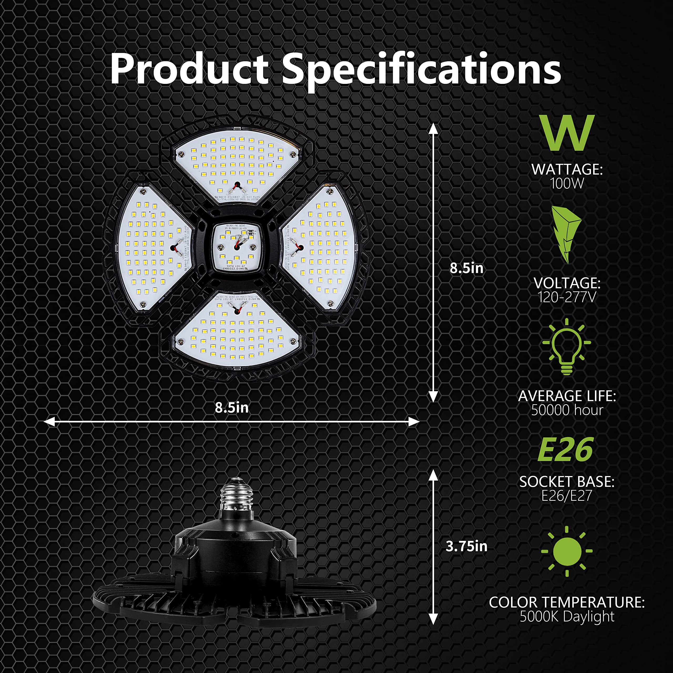 PINEGREEN LIGHTING LED Garage Light, Features Down Light Design 15000LM Ultra Bright Energy Efficient 100W (900W Equivalent) Premium Metal Housing Deformable 4 Adjustable Panels 15000 Lumen E26 Base