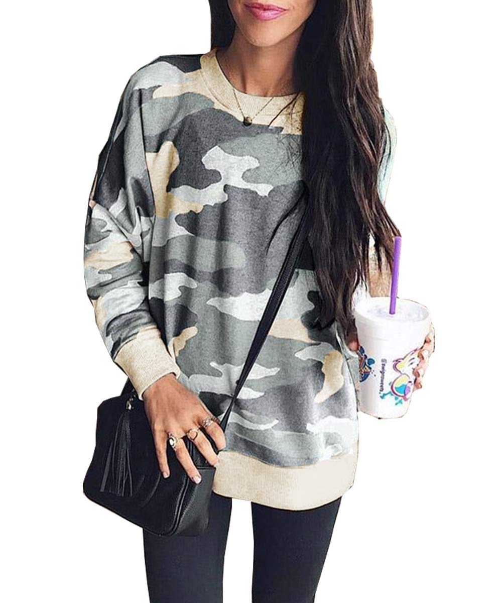 Barlver Women Casual Sweatshirts Fall Loose Lightweight Camouflage Long Sleeves Tops Cute Camo Crewneck Pullover green m