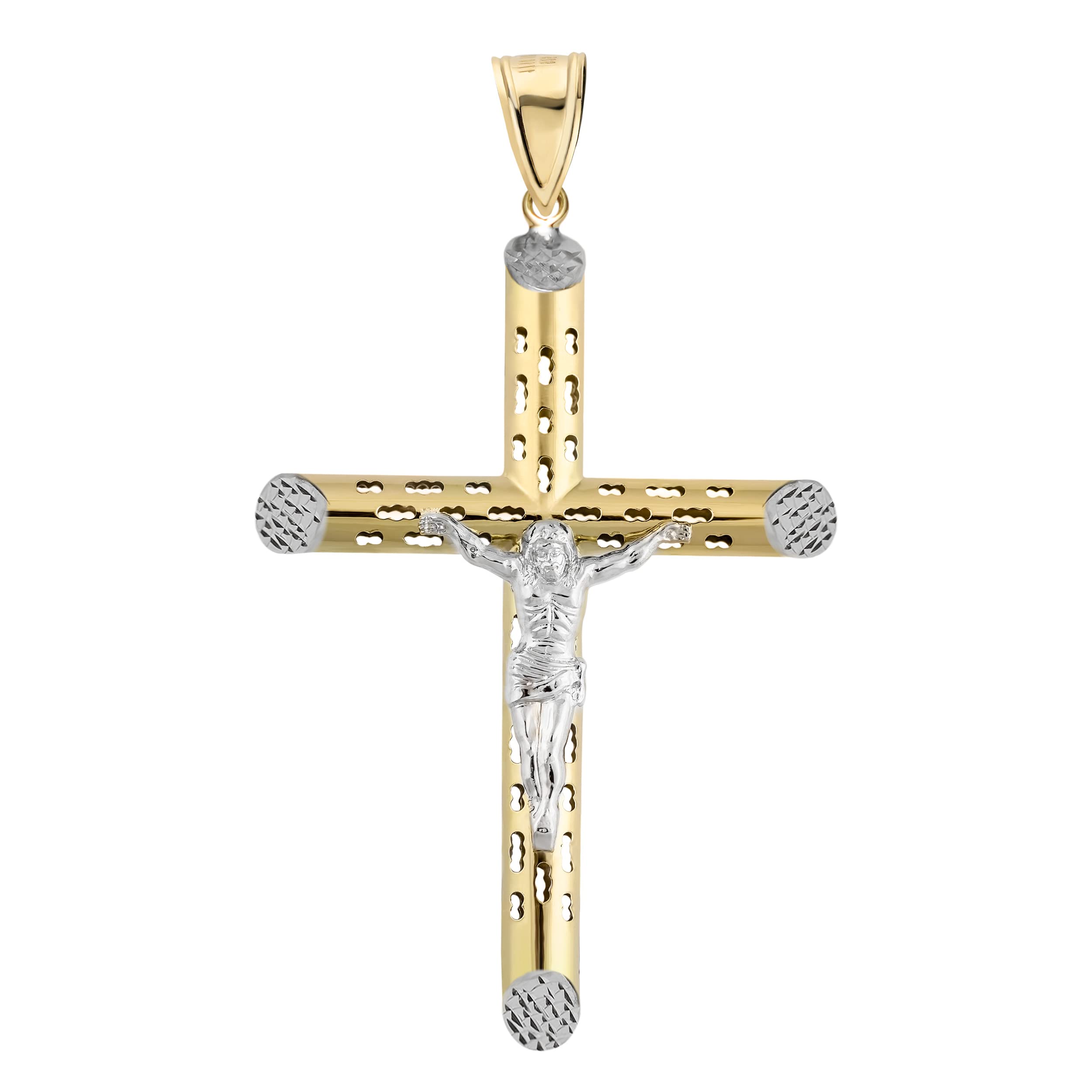 BAYAM 3.25" Filigree Jesus Christ Crucifix Cross Pendant Charm Real 10K Yellow White Gold