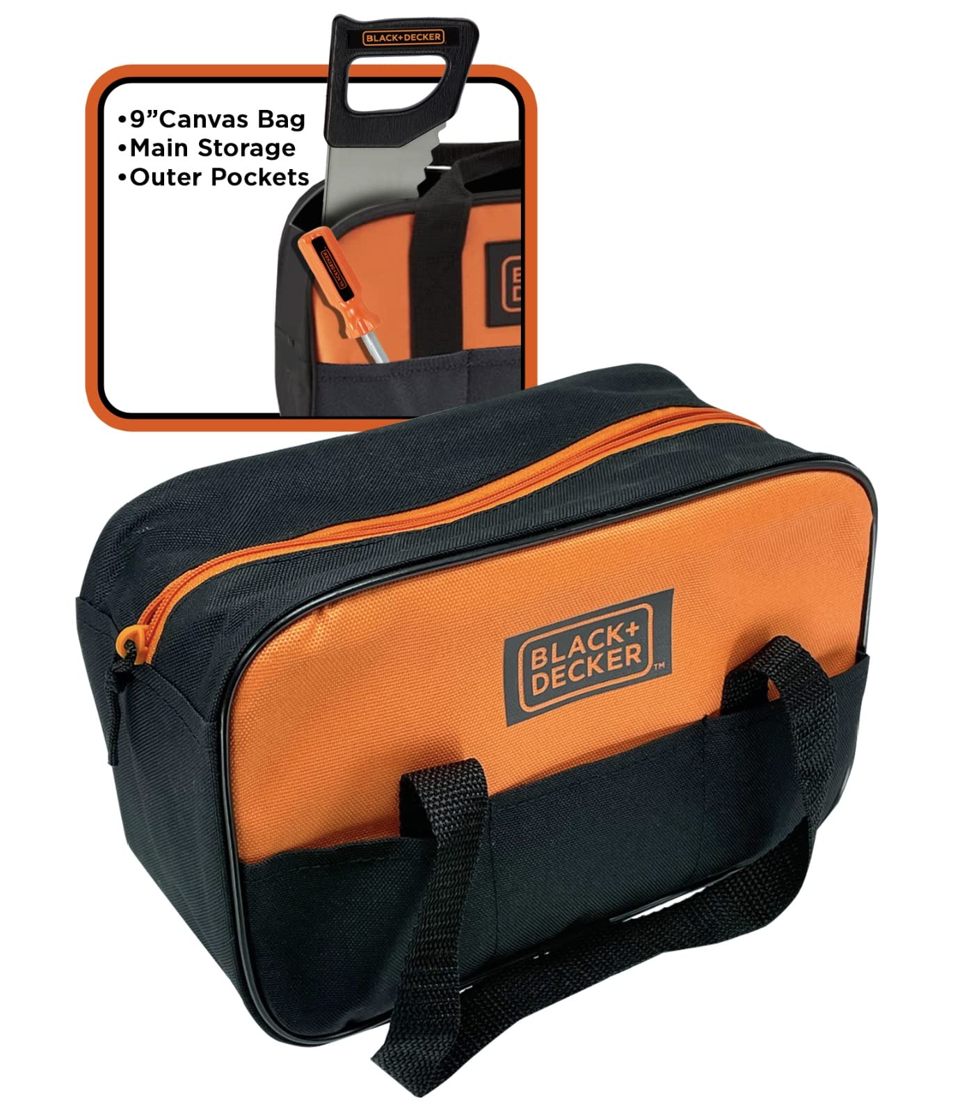Black + Decker Junior Tool Bag 13 Piece Set - Includes Hammer, Hand Saw, Screw Driver & More!