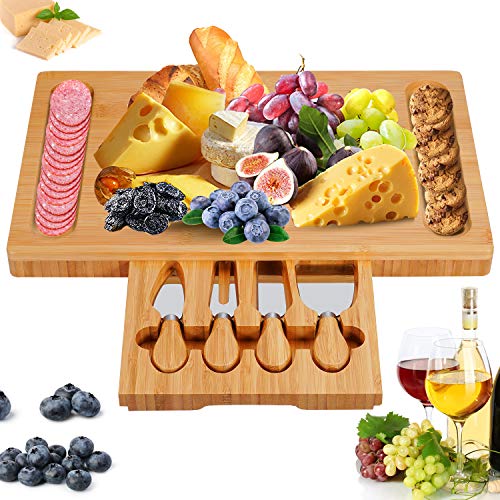Bamboo Cheese Board Set with Drawer Wooden Charcuterie Tray Platter Including 4 Stainless Steel Knife and Serving Utensils, Gift Idea for Birthdays, Wedding Registry, Housewarming