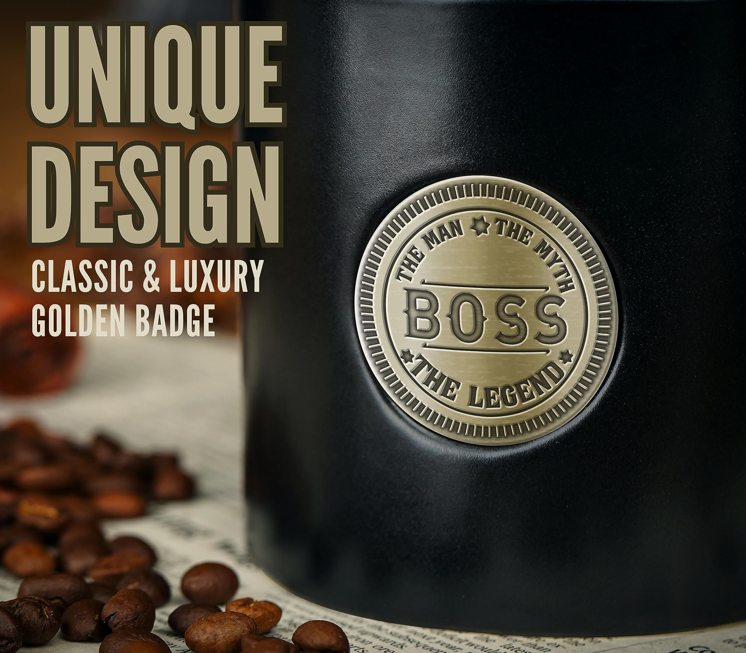 Onebttl Boss Gifts Coffee Mug for Men, Ceramic Mug with Golden Badge, 15oz/450ml Mug for Boss Day, Christmas, Retirement - Man Myth Legend