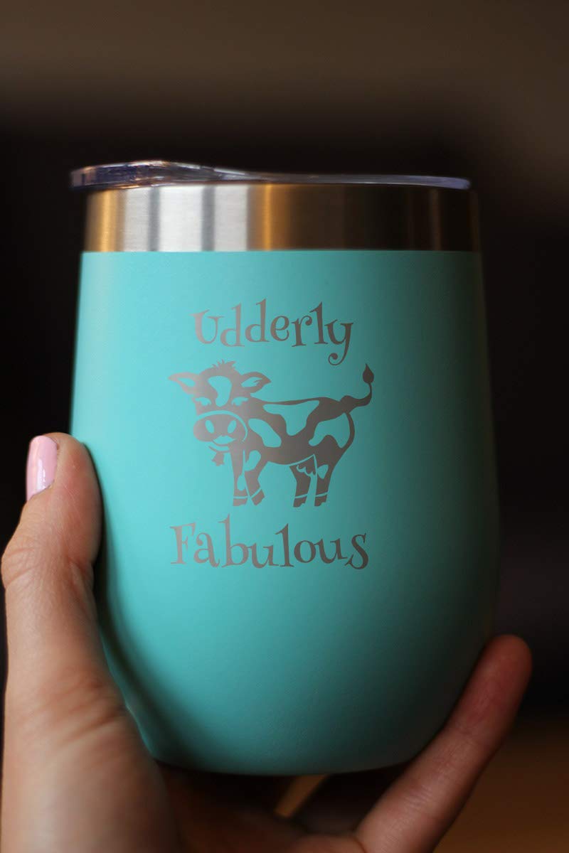 Bevvee Udderly Fabulous - Cow Wine Tumbler with Sliding Lid - Stemless Stainless Steel Insulated Cup - Funny Outdoor Camping Mug - Teal