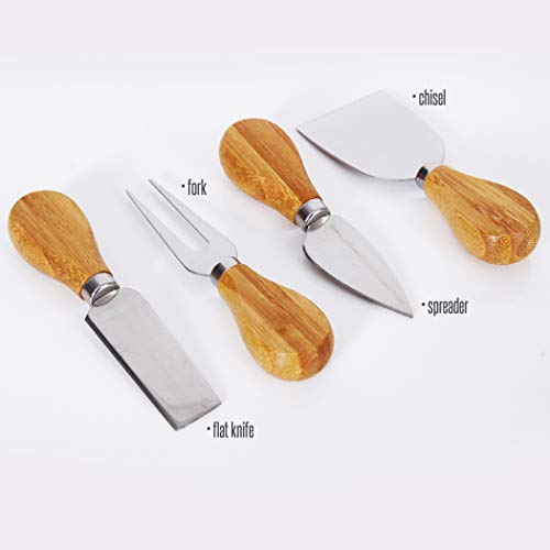 Bamboo Cheese Cutting Board Set - Flat Wood Serving Platter for Picnic Food or Wine, Rectangle Fruit and Meat Plate Kit w/Bowl, Closing Drawer Tray, 4 Stainless Steel Knives - NutriChef PKCZBD10