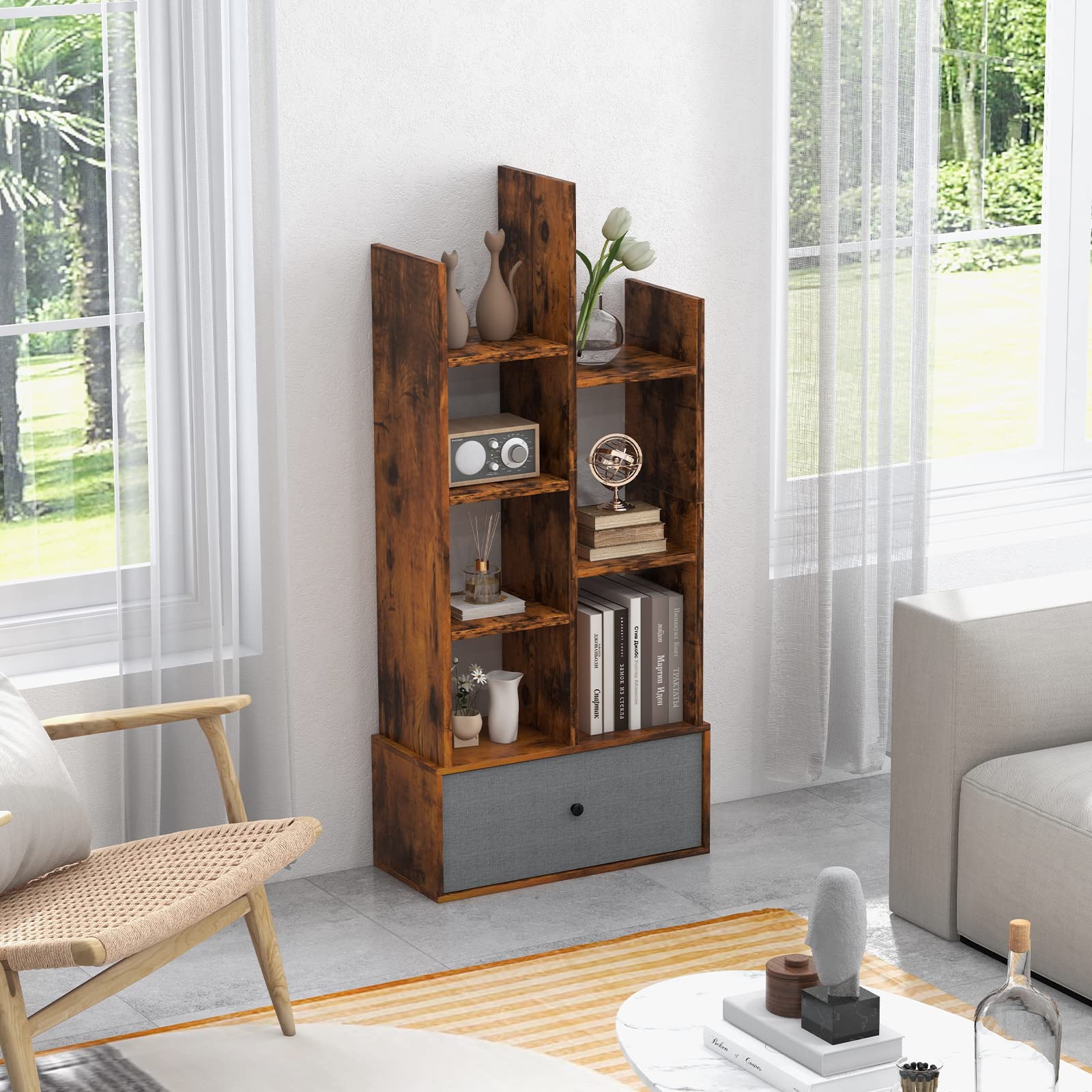 LOKO Rustic Bookshelf with Drawer, Industrial 3 Shelf Bookcase with Anti-toppling Device and 7 Open Compartments, Freestanding Vintage Wooden Book Shelf for Bedroom, Living Room (Rustic Brown)