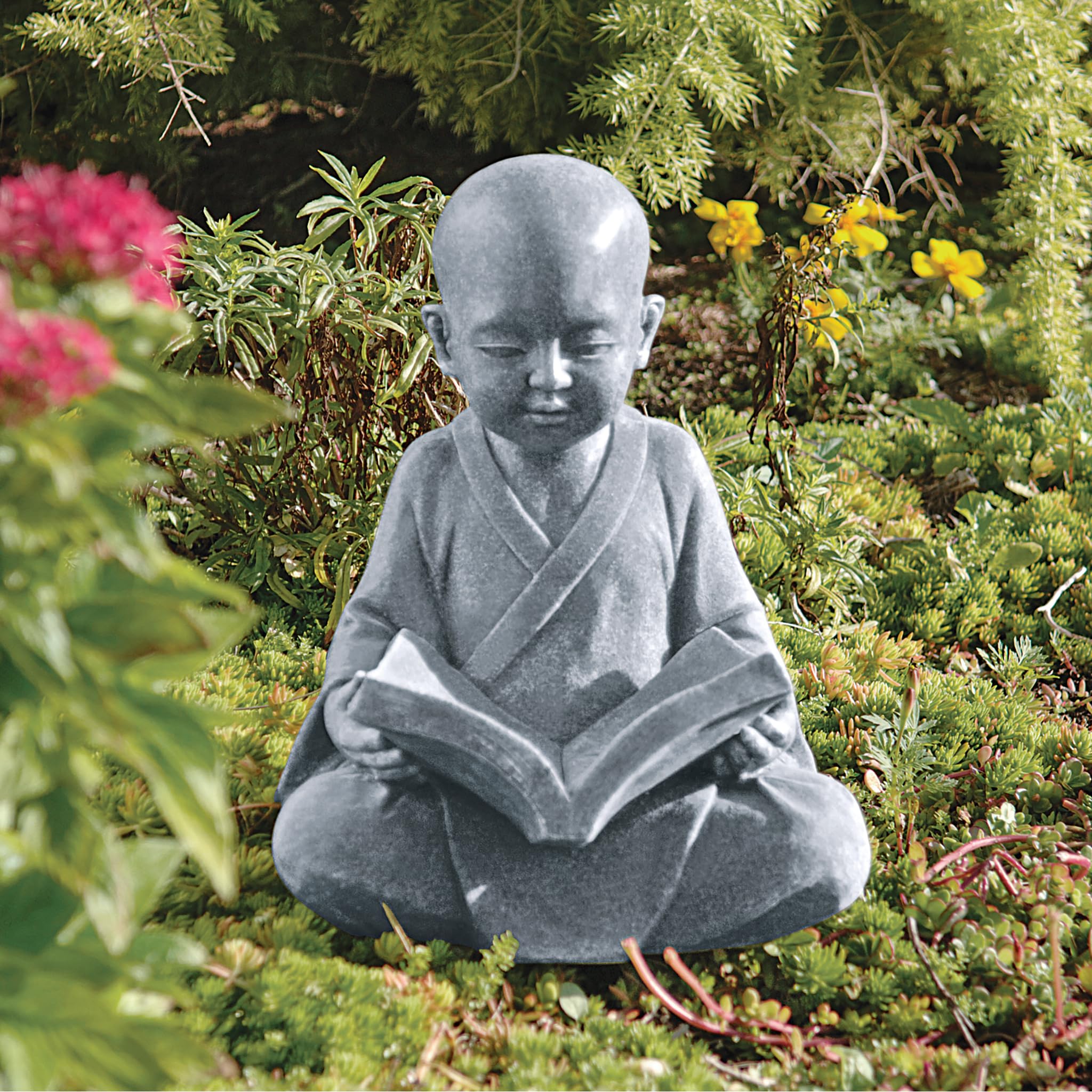 Design Toscano Baby Boy Studying The Five Precepts Asian Decor Garden Statue, 9 inches wide, 12 inches tall, Cast Stone Resin, Gray Stone Finish