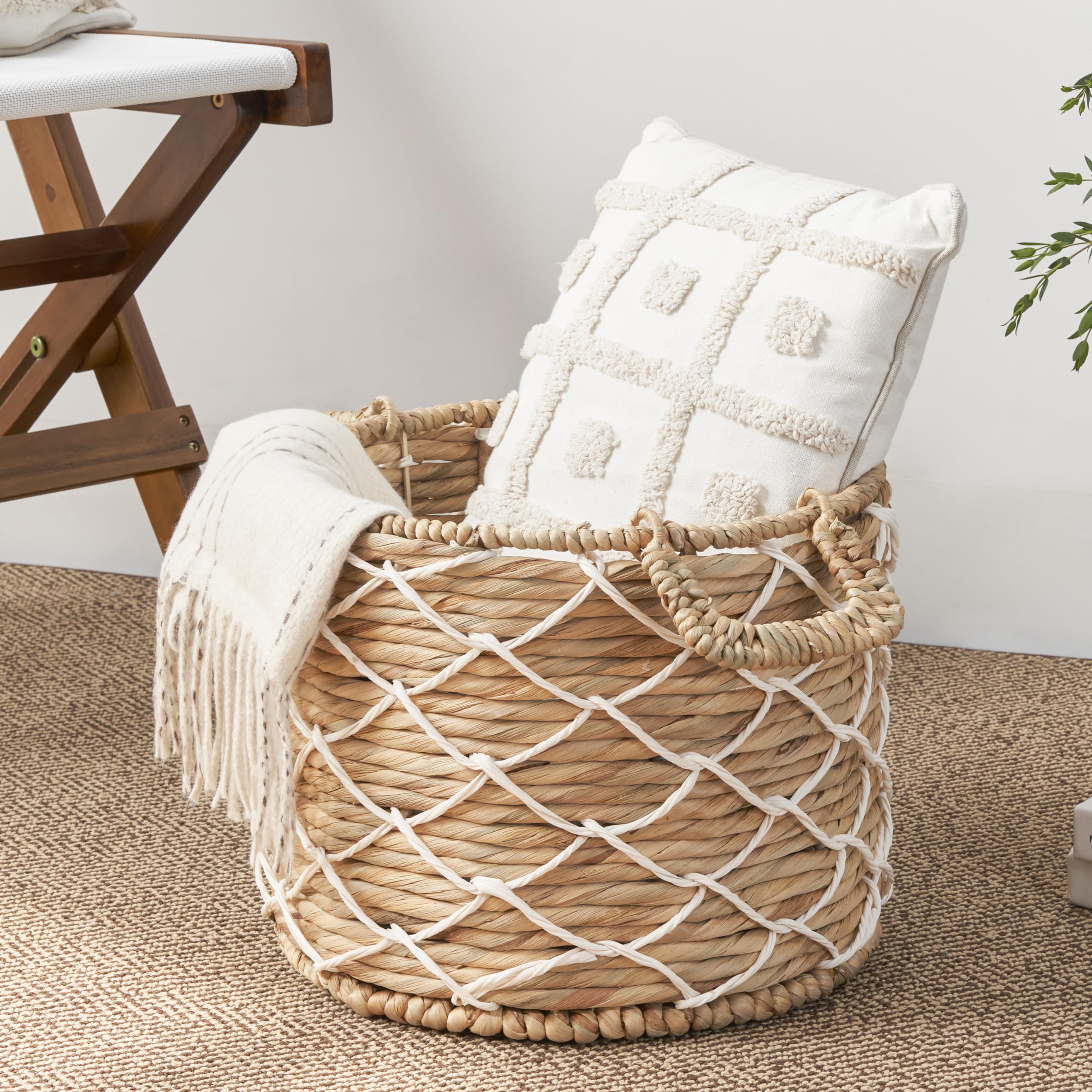 Woven Water Hyacinth Wicker with Rope Storage Basket (18" x 18" x 15" - Natural Brown) - Ideal for Halloween, Thanksgiving, and Home Organization