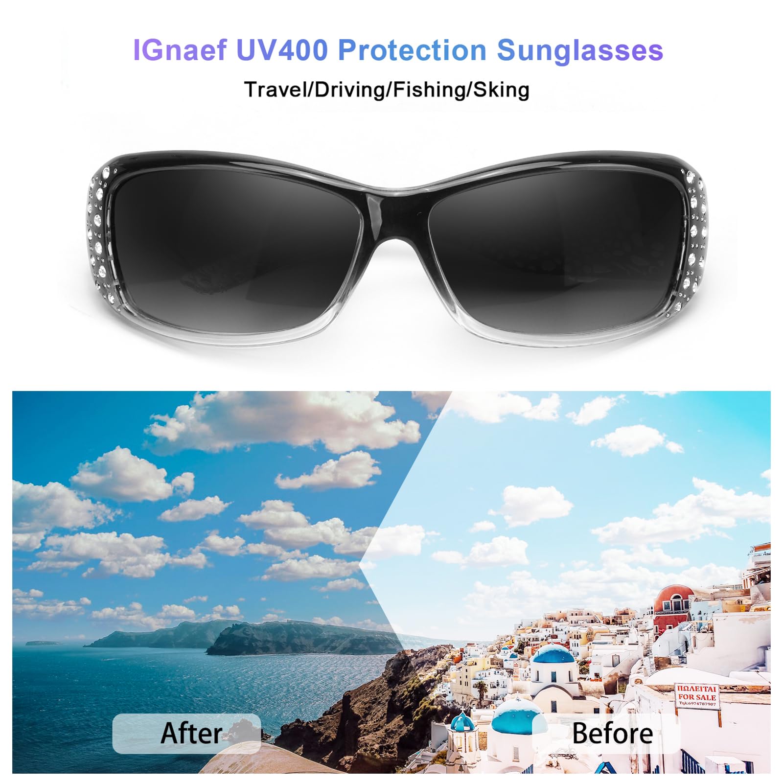 IGnaef Polarized Sunglasses for Women, Rhinestone Women Sunglasses UV400 Protection for Driving/Fishing/Shopping