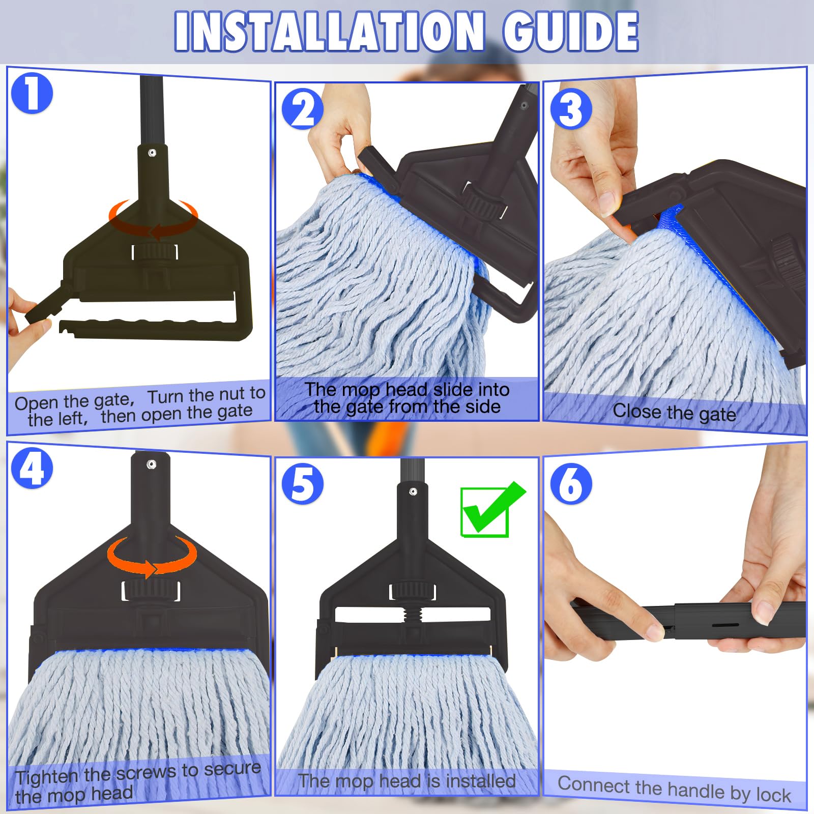 Looped-End Commercial Industrial Cotton Mop for Floor Cleaning ,Heavy Duty String Wet Mops with Long Handle for Home,Garage,Office, Workshop, Warehouse Floor Cleaning (1 Industrial mop)