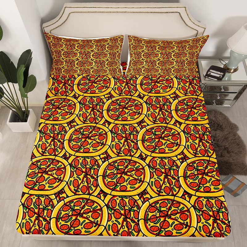 Pizza Bed Sheet Set Kids Chocolate Doughnut Fitted Sheet Decor Whimsical Dessert Bedding Set Abstract Desserts Food Orange Red Bedspread Cover Bedroom Queen Size