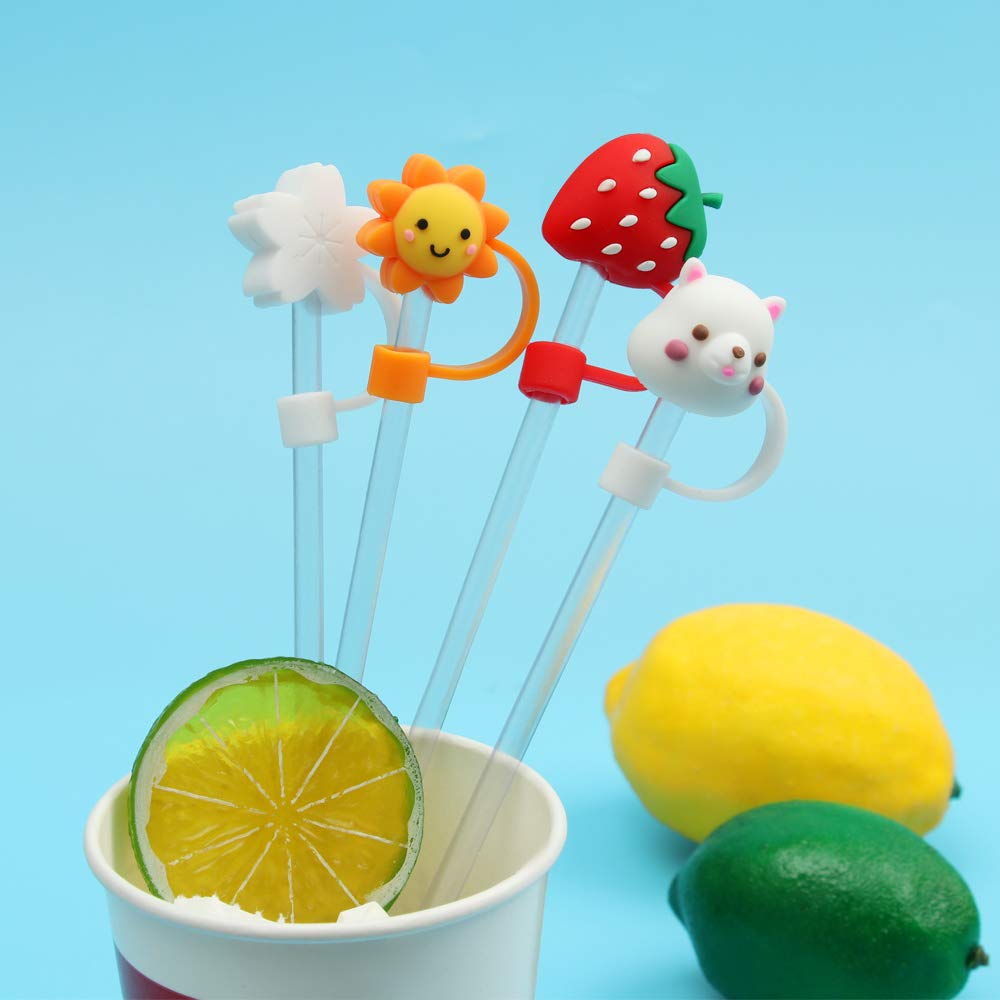 Beyonday 9pcs Silicone Flower Shape Straw Cover Cap Kit, Reusable Drinking Dust Plugs Set Cartoon Cherry Blossom Daisy Sunflowers Shape Spill Proof Straw Tips Cover Cup Stopper Cup Accessories
