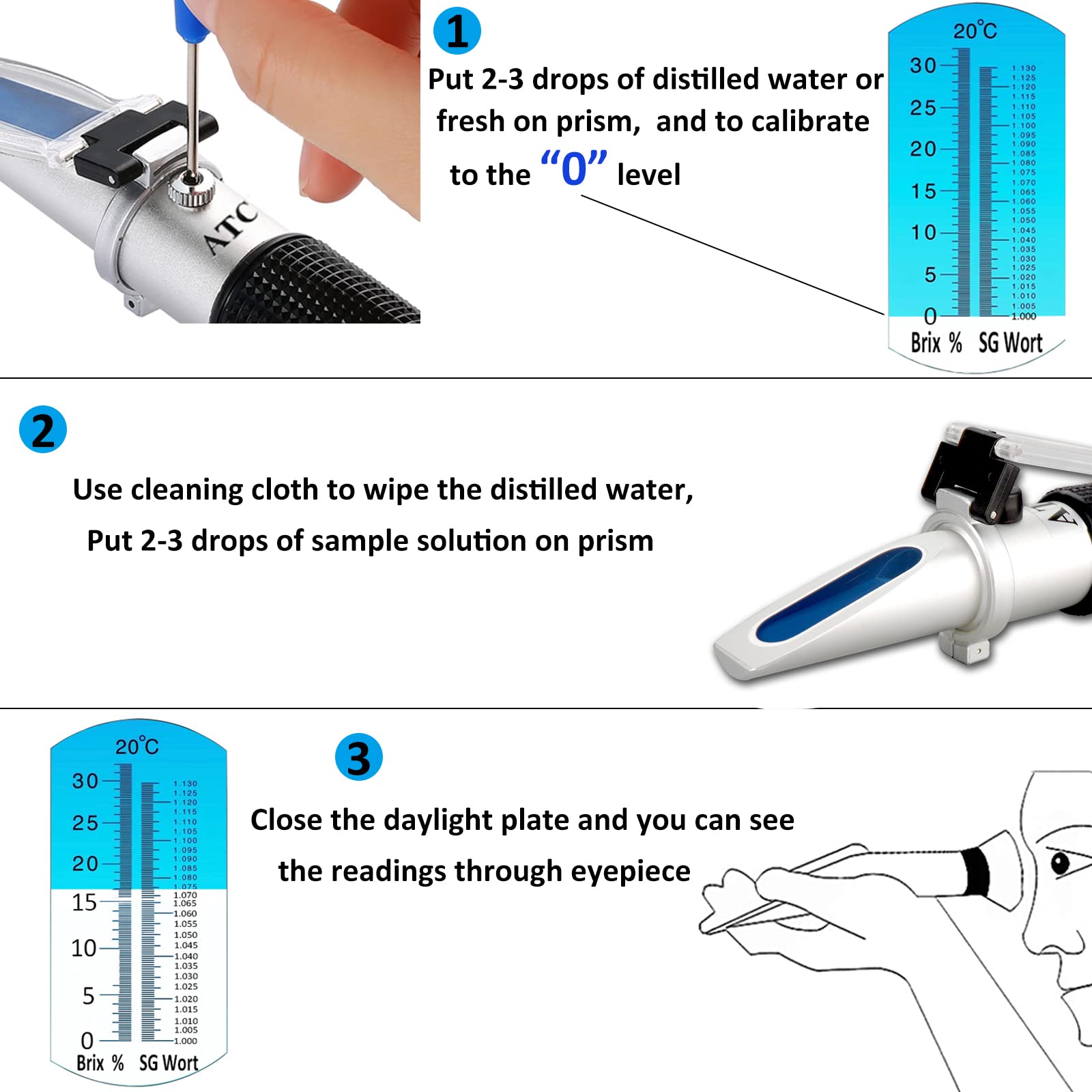 Refractometer for Beer Wine Brewing Brix Beer Refractometer Dual Scale 1.000-1.130 and Brix 0-32% for Measuring Sugar Content in Fruit Beverage