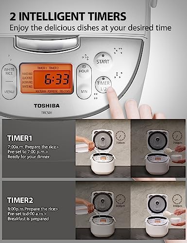 Toshiba Rice Cooker 6 Cup Uncooked β Japanese Rice Cooker with Fuzzy Logic Technology, 7 Cooking Functions, Digital Display, 2 Delay Timers and Auto Keep Warm, Non-Stick Inner Pot, White