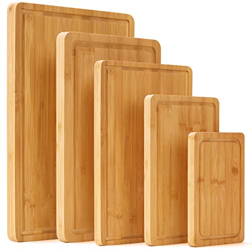 Bamboo Cutting Board Set, Wood Cutting Boards for Kitchen, Chopping Board Set with Juice Groove, Heavy Duty Charcuterie Boards for Meat (Butcher Block) Cheese, Large Cutting Boards (5-Pieces)