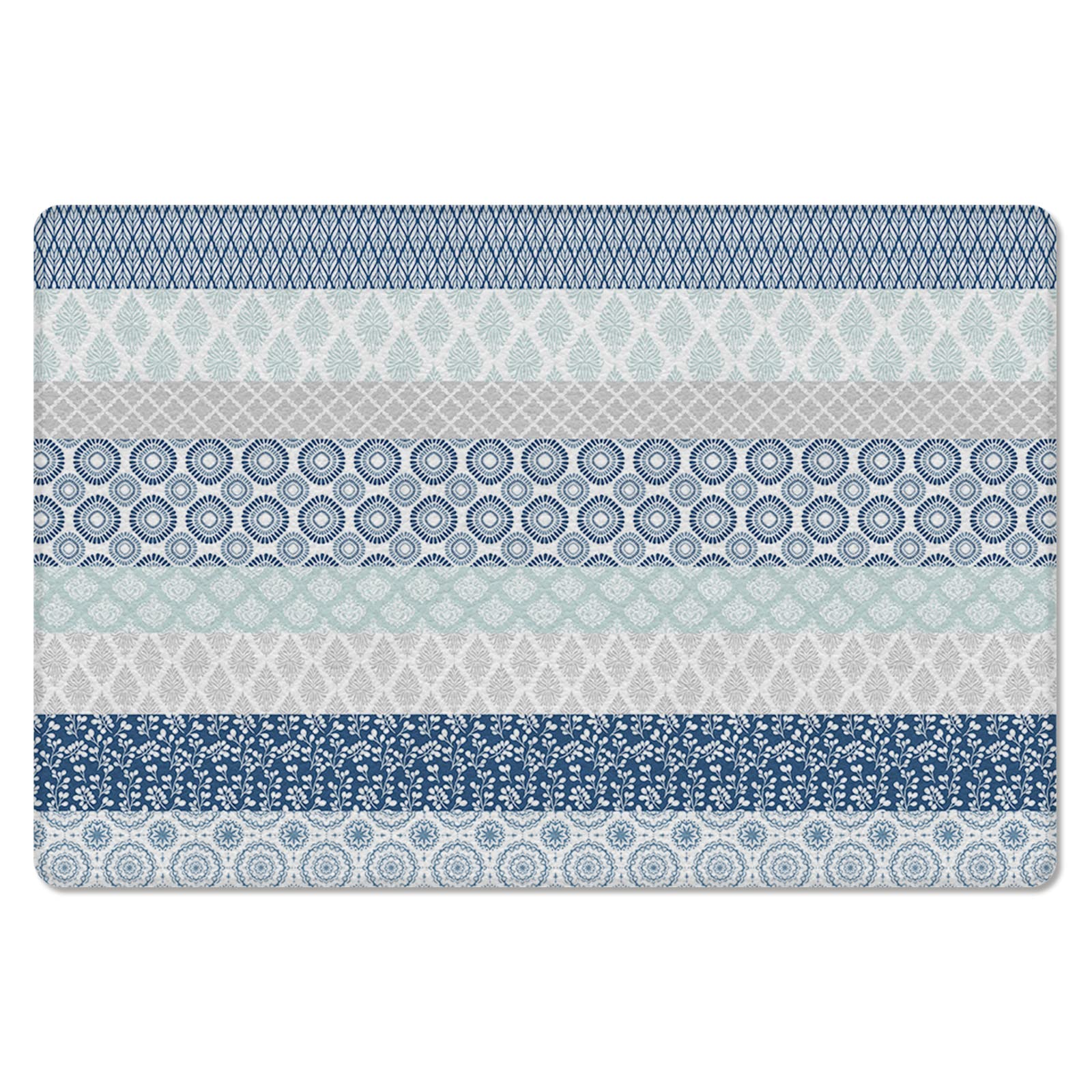 Bohemia Antifatigue Kitchen Bath Door Mat Cushioned Runner Rug,Washable Welcome Floor Sink Mat,Waterproof Comfort Standing Doormat for Kitchen,Blue Grey Boho Tribal Paisley Flower Plaid 24"x36"