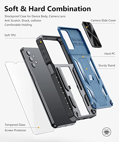 Case for Samsung Galaxy A32 5G: Military-Grade Drop Proof Protection Rugged Protective Shockproof TPU Textured Bumper Armor Design A32 5G Phone Cover with Built in Kickstand & Slide (Blue)