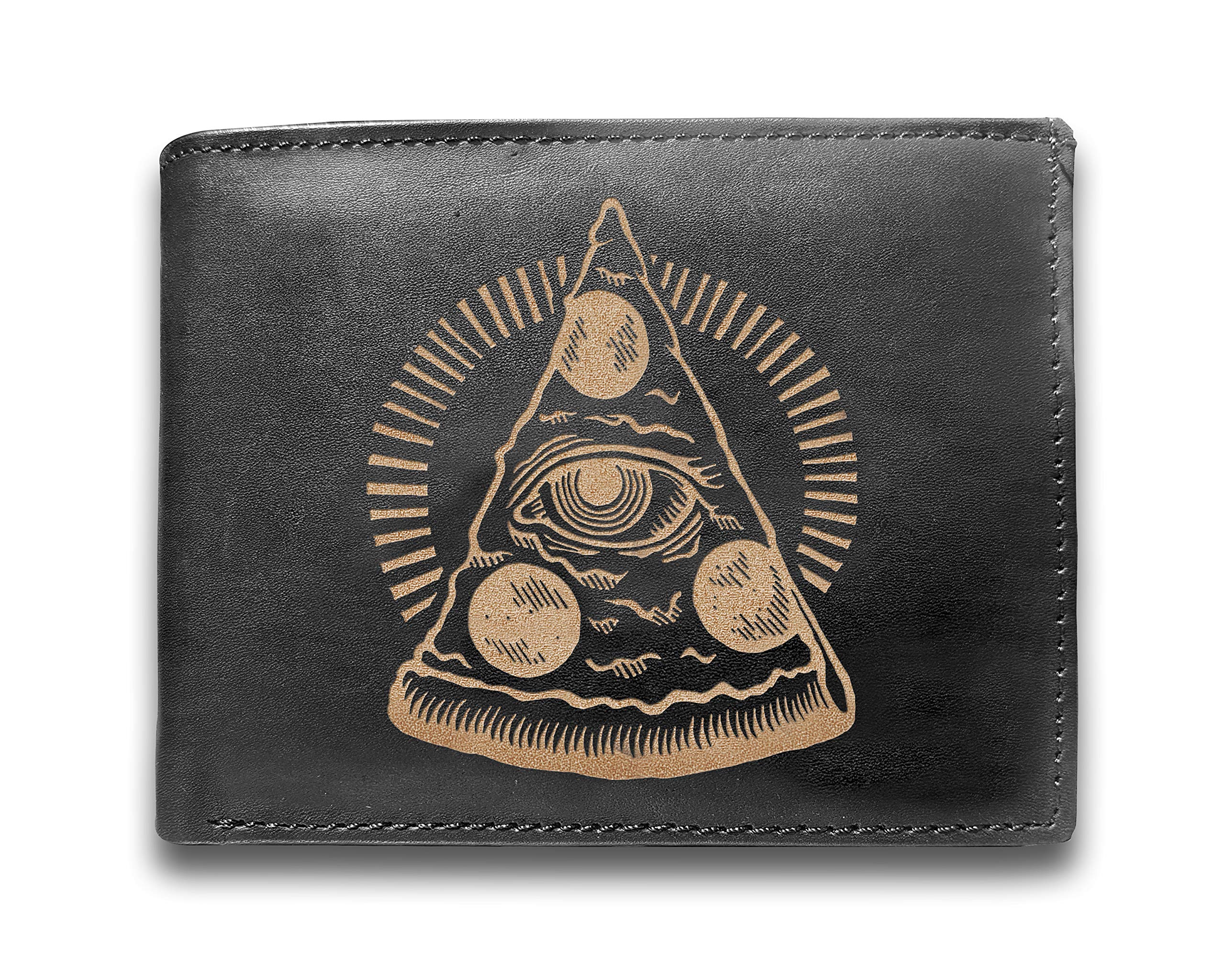 Illuminati Pizza Slice Genuine Cowhide Leather Laser Engraved Engraving Slimfold Men Large Capacity Luxury Wallet Purse Minimal Sleek & Slim Black Card Holder Organizer 14 Pocket