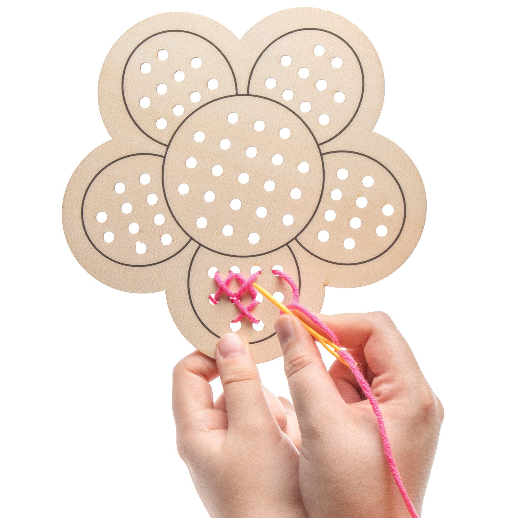 Baker Ross AT378 Flower Wooden Threading Kits, Pack of 4, Wood Template and Bright Colored Wool for Children Arts and Craft