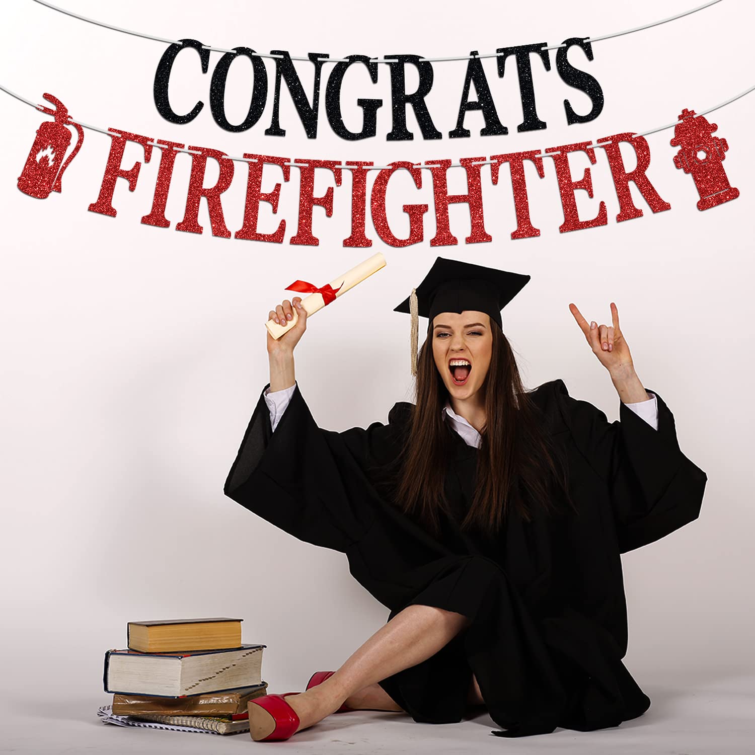 Congrats Firefighter Banner, Class of 2024/Congrats Grad, Fire Department Graduation Party Decoration Supplies for Fireman, Black and Red Glitter