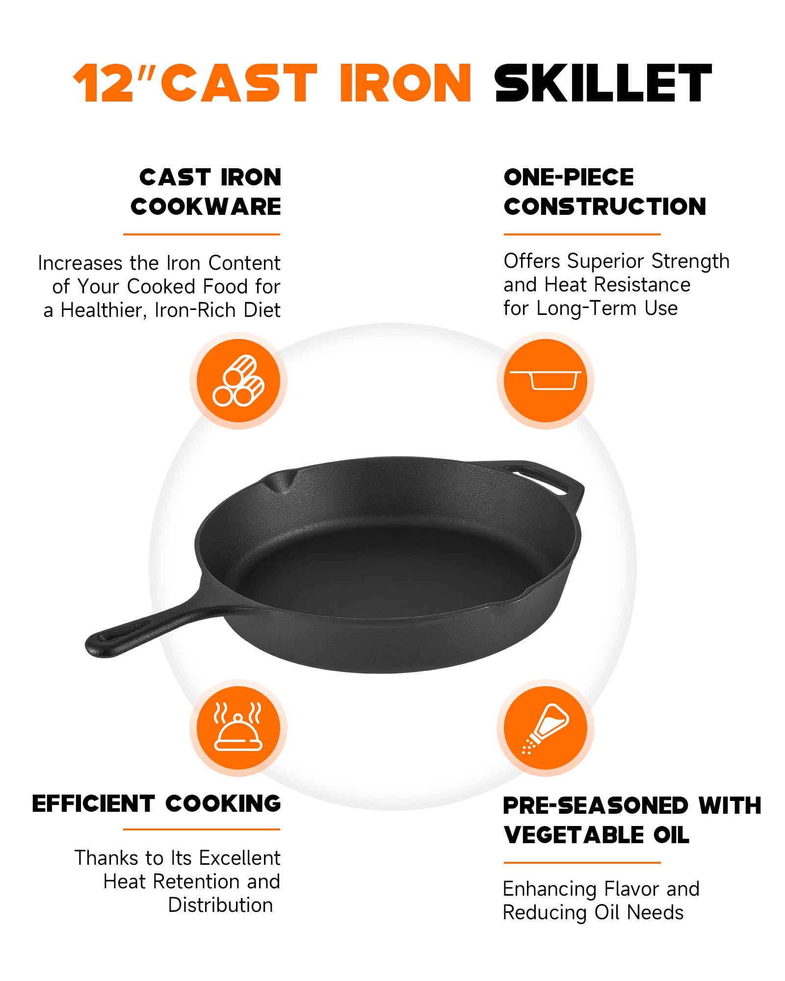 DARTMOOR Pre-Seasoned Cast Iron Skillet, 12 in Cast Iron Frying Pan with Handle, Protective Covers, & Pour Spouts, Safe Grill Cookware with Non-Stick Surface, Cast Iron Pan for Indoor & Outdoor Use