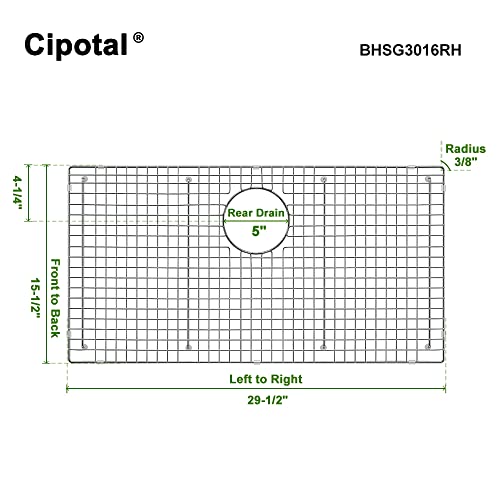 CIPOTAL 29.5 in. x 15.5 in. Rear Drain Kitchen Sink Bottom Grid with Supersoft Silicone Feet in 304 Grade Stainless Steel