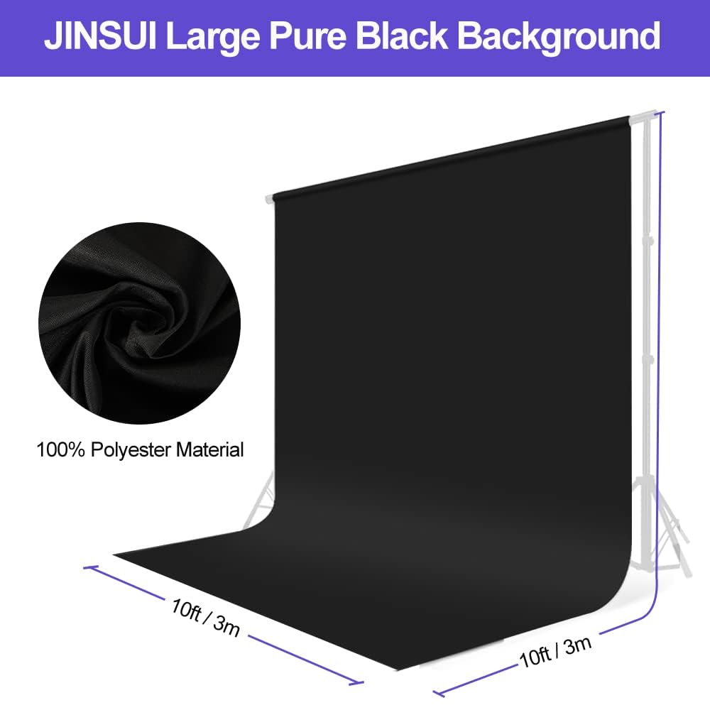 Black Backdrop 10x10ft for Photoshoot, Polyester Fabric Black Photo Backdrop Curtain Background for Photography Portrait Picture, Seamless Black Screen for Video Studio Party Film