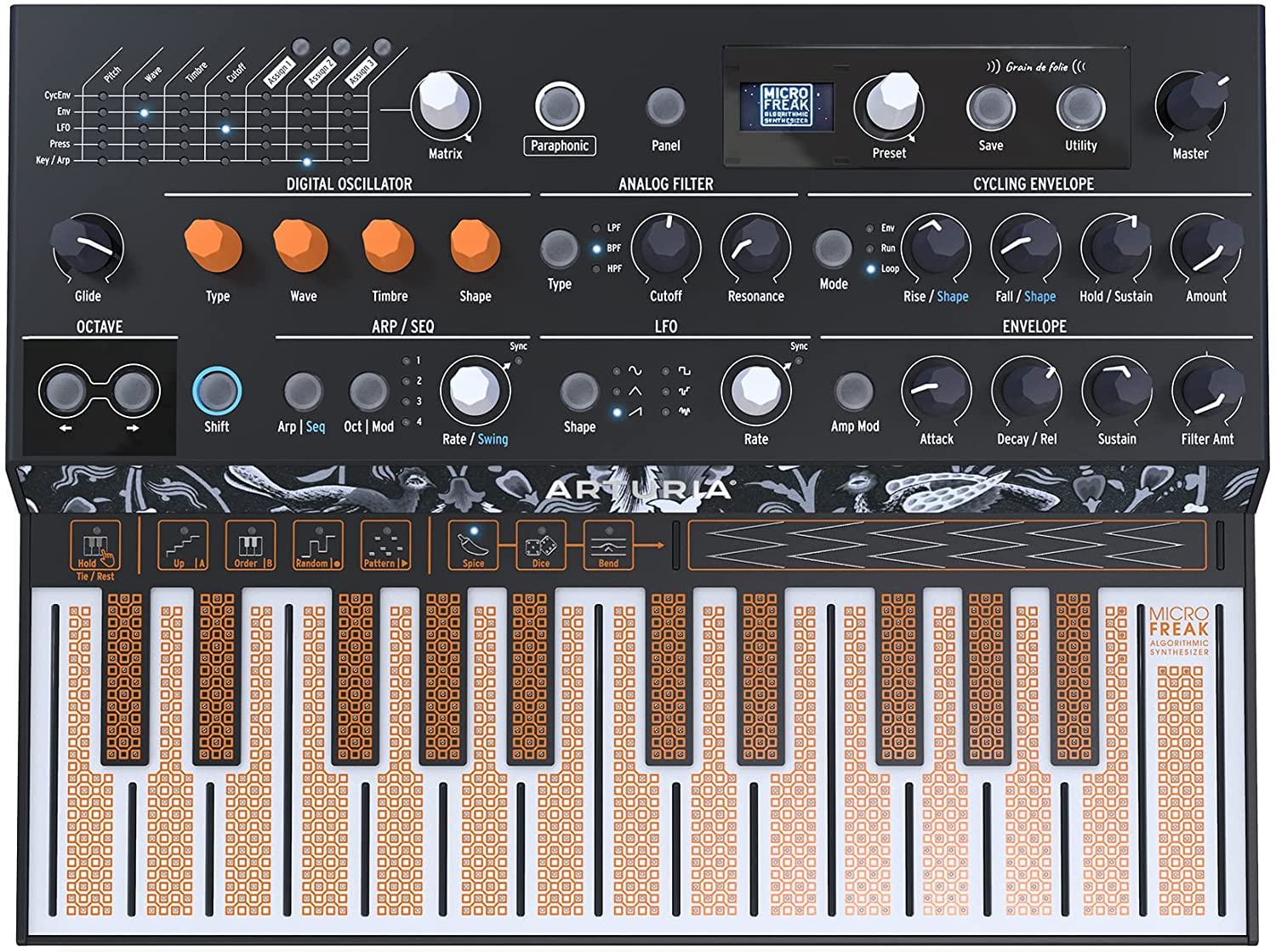 Arturia MICROFREAK Synthesizer with Poly-aftertouch Flat Keyboard BUNDLE with Samson Over Ear Headphones, Power Adapter & Instrument Polishing Cloth- Analog Synth, Synthesizer & workstation keyboards