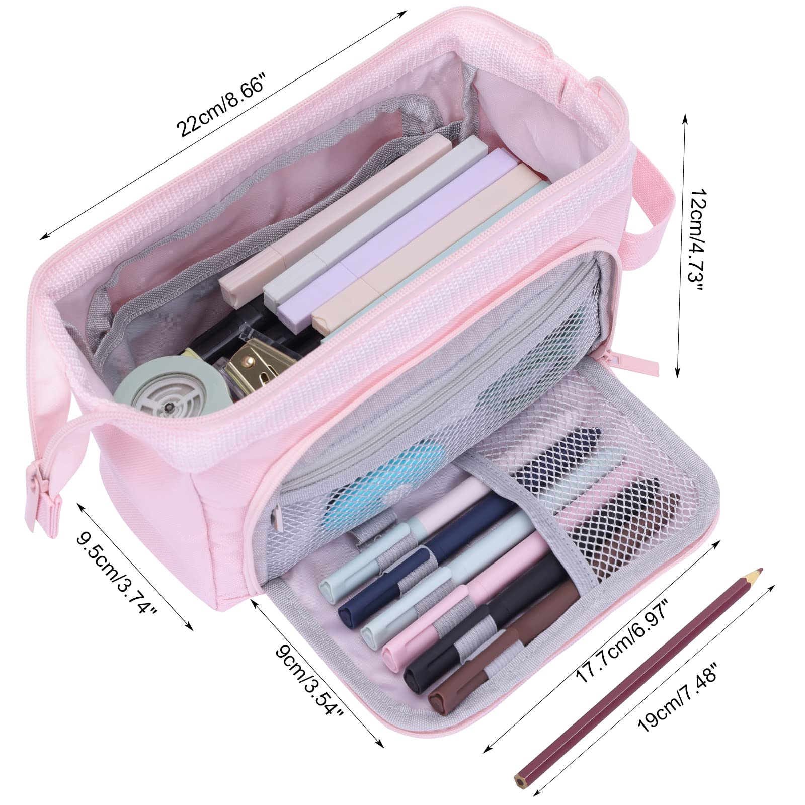 EOOUT Large Pencil Case, Big Capacity Pencil Bag with 3 Compartments, Can Hold 100 Pencils,Aesthetic School Supplies For Girls, Pink (Pink)