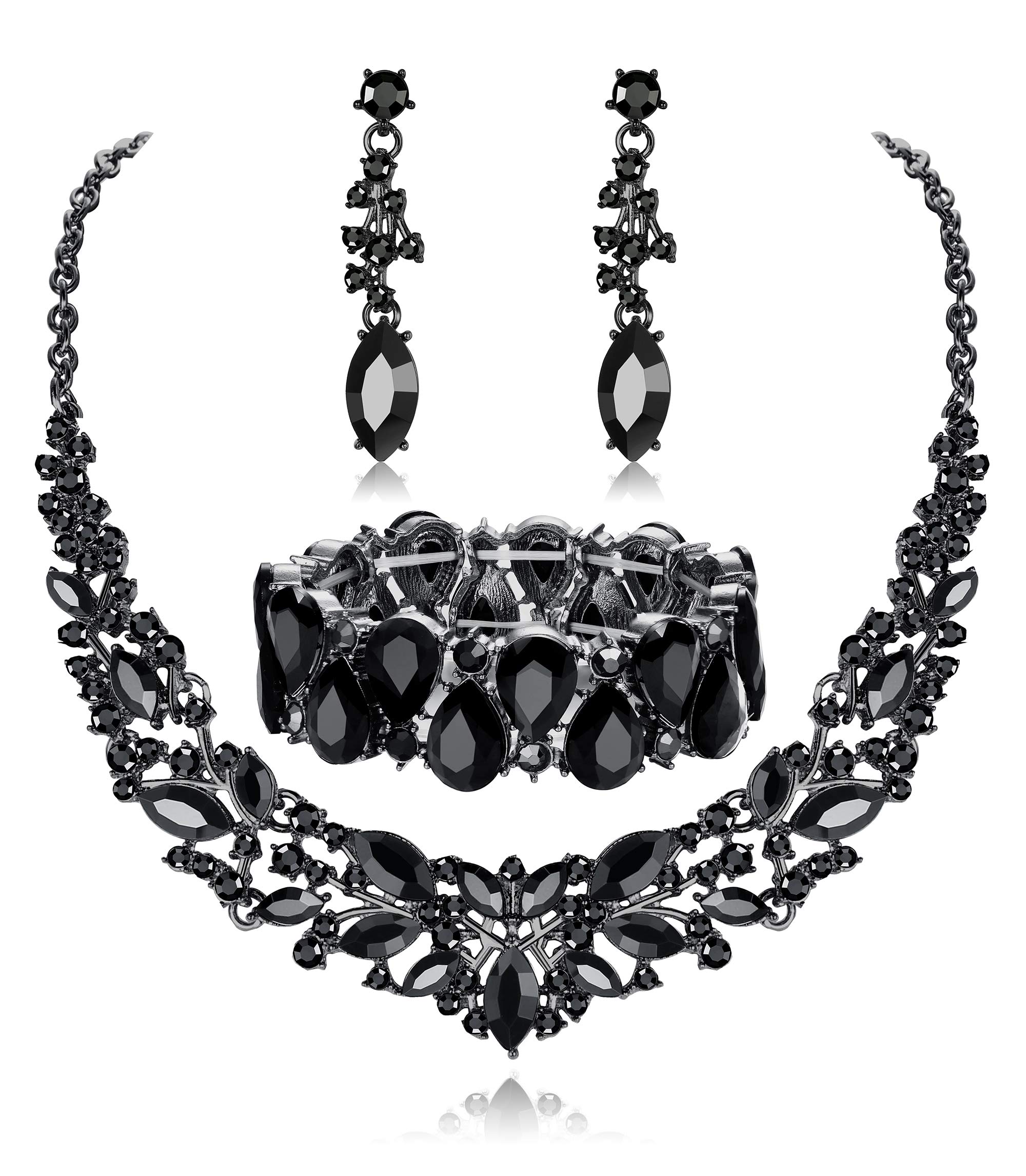 FIASASO Black Bridal Jewelry Set for Women Rhinestone Wedding Necklace Bracelet Dangle Earrings for Bride Bridesmaid Prom Jewelry Accessories