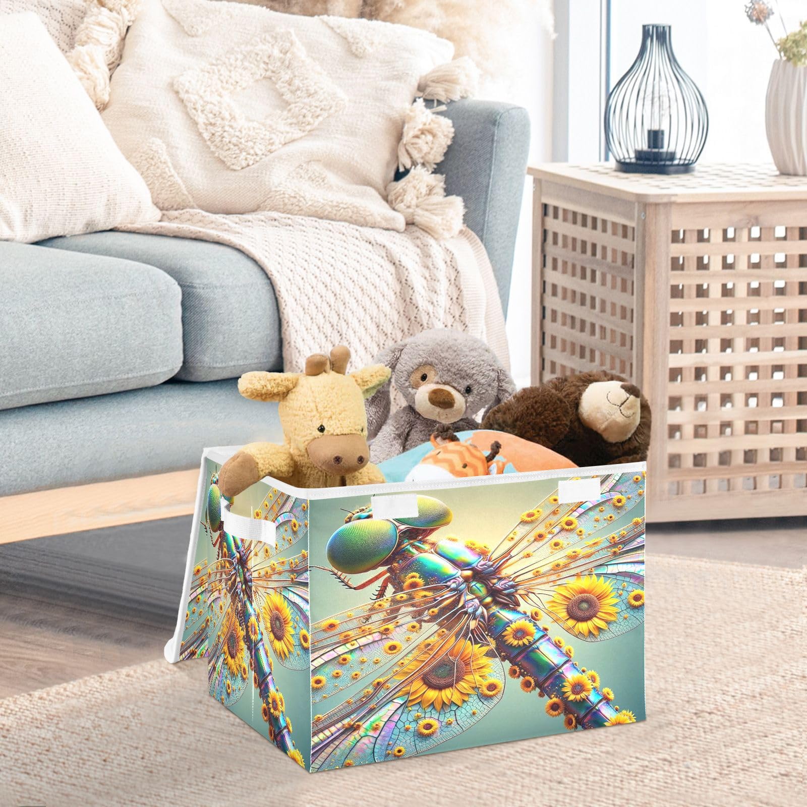 DIGTIA Dragonfly with Sunflower Storage Bins with Lids Spring Summer Foldable Storage Basket with Handles Collapsible Large Fabric Organizer Containers for Clothes Shelves Closet Office Home Bedroom