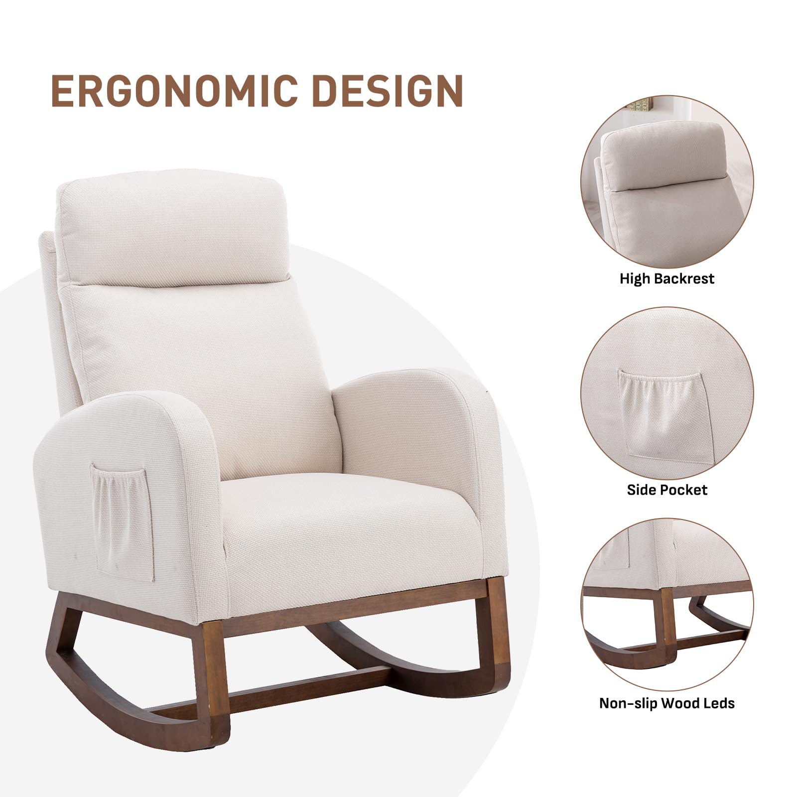 BIGTREE Modern Rocking Chair, Nursery Glider Rocker with Upholstered 2 Side Pocket Comfortable Armchair and High Backrest Accent Indoor for Living Room Lounge