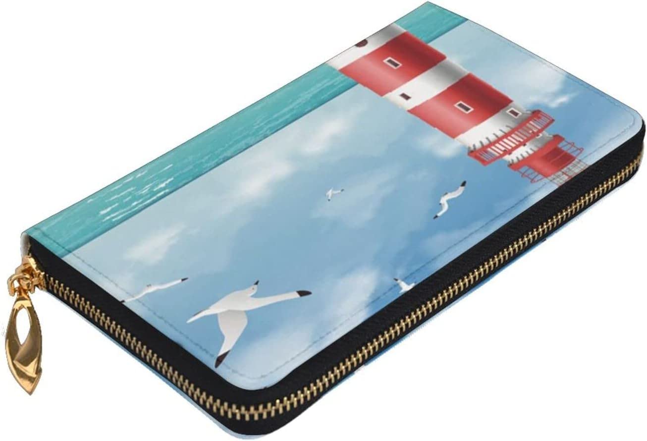 Bird Flying Over Red White Lighthouse Leather Wallet Long Clutch Purse Fashion Wristlet Handbag