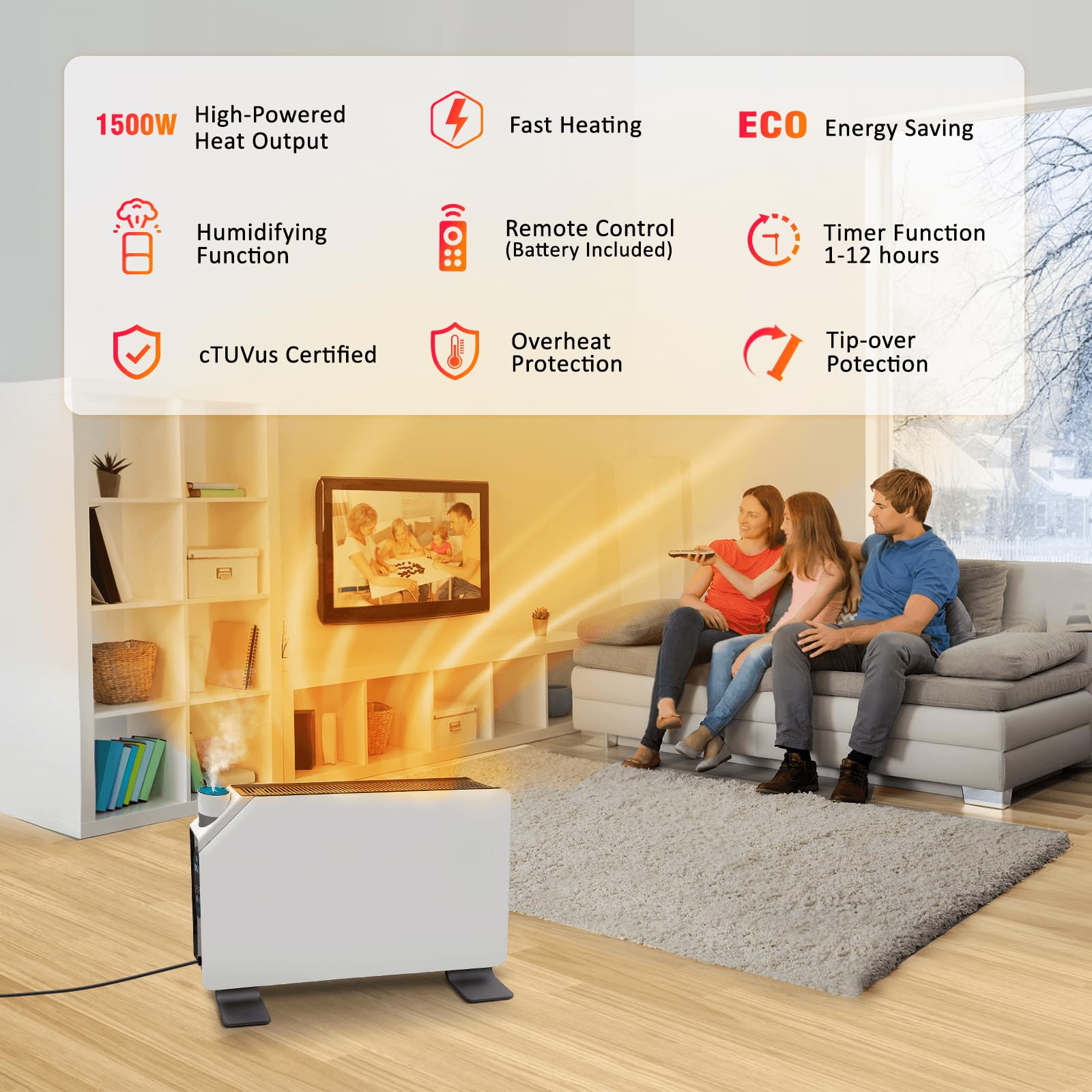 CTSC Convection Heater - Panel Heater - Space Heater Indoor Large Room - 750W/1500W Convection Panel Heater with Remote Control, Adjustable Thermostat, Freestanding/Wall Mount Large Room Heater