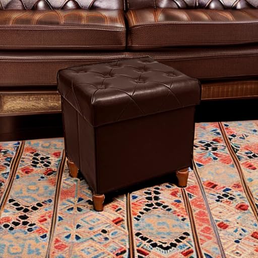 CAROLMADE Folding Storage Ottoman Cube PU Leather Footstool with Wood Legs Toy Storage for Living Room and Bedroom Brown, 15"x12.6"x15.4β