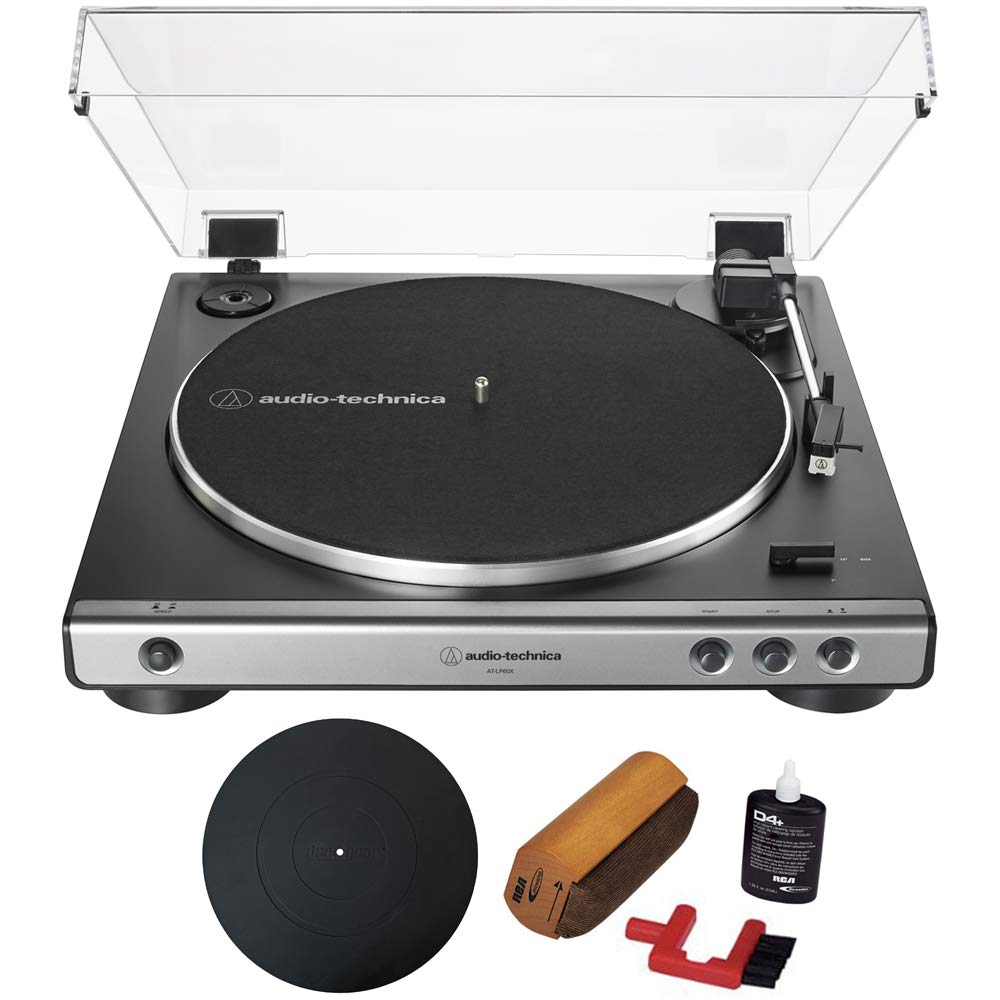 Audio-Technica AT-LP60X-GM Fully Automatic Belt-Drive Turntable 33-1/3 & 45 RPM Gunmetal Black with Essentials Bundle Includes Protective Turntable Platter and Vinyl Record Cleaning System