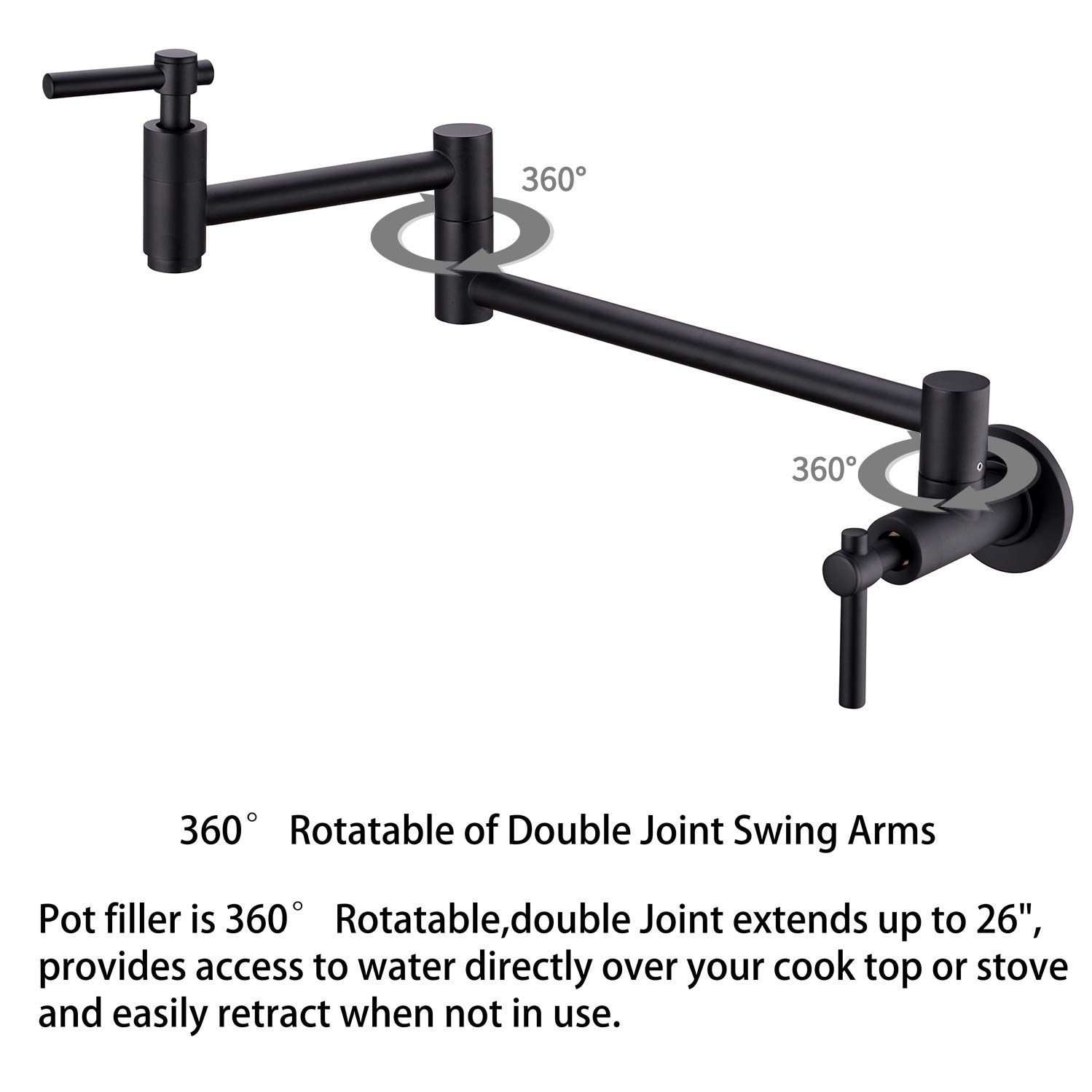 CAKIONG Matte Black Pot Filler Faucet Wall Mount Double Joint Swing Arm Folding Faucet Stretchable Brass Kitchen Faucet with Single Hole Two Handles