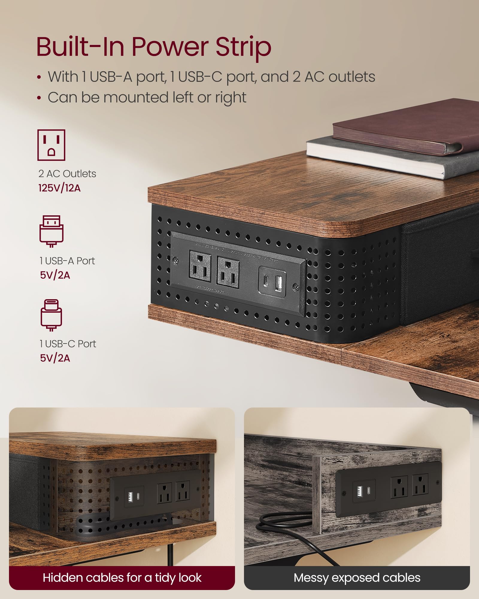VASAGLE Electric Standing Desk with Drawers, Sit Stand Desk with Built-in Power Strip, Adjustable Height, 23.6 x 47.2 Inches, 2 Hooks, Memory Function, for Home Office, Rustic Brown ULSD182X21
