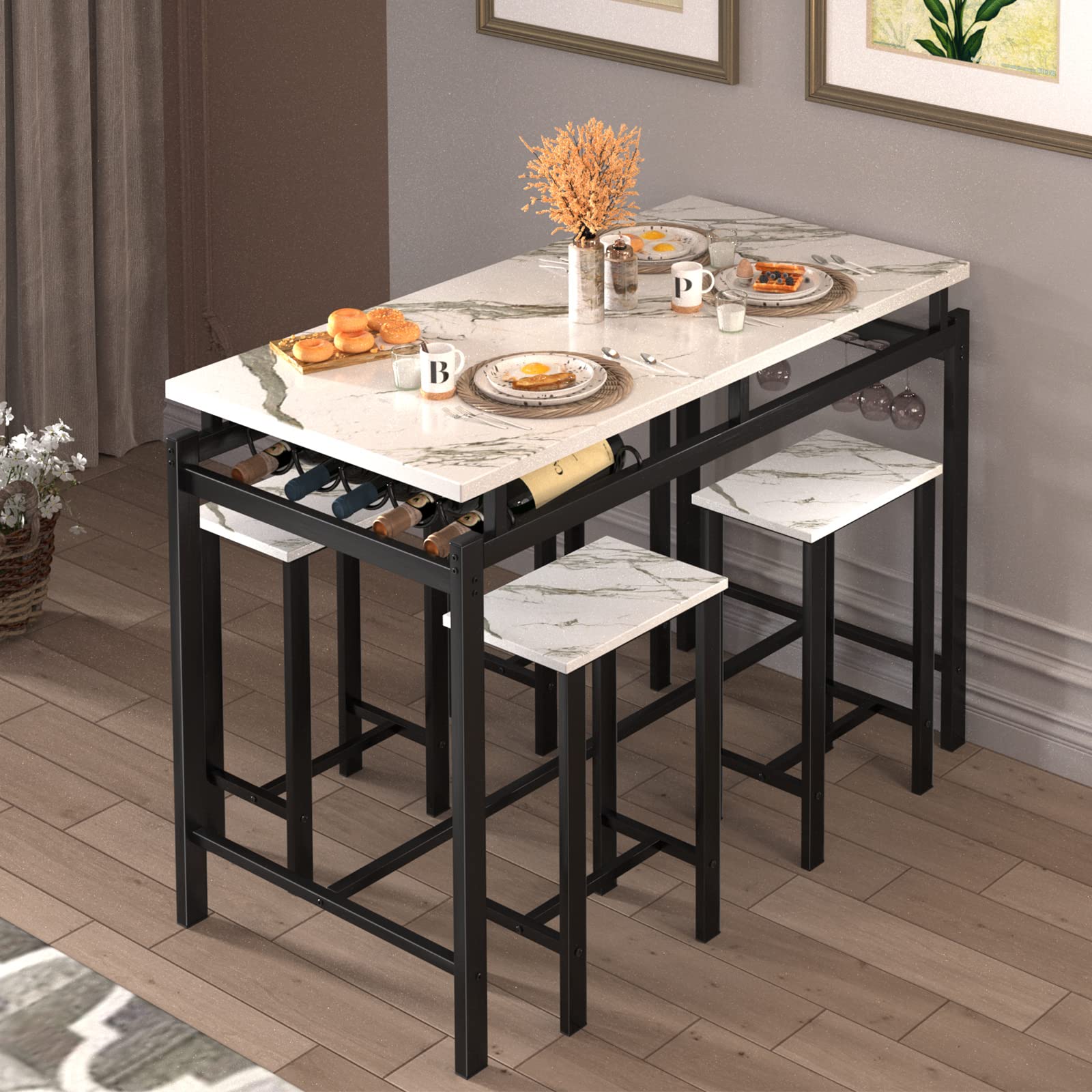 basenji Dining Table Set for 4, 5 Piece Kitchen Table and Chairs with Wine Rack and Glass Holder, Bar Table and Chairs Set Space Saving for Pub Breakfast (White Statuario Wine Rack)