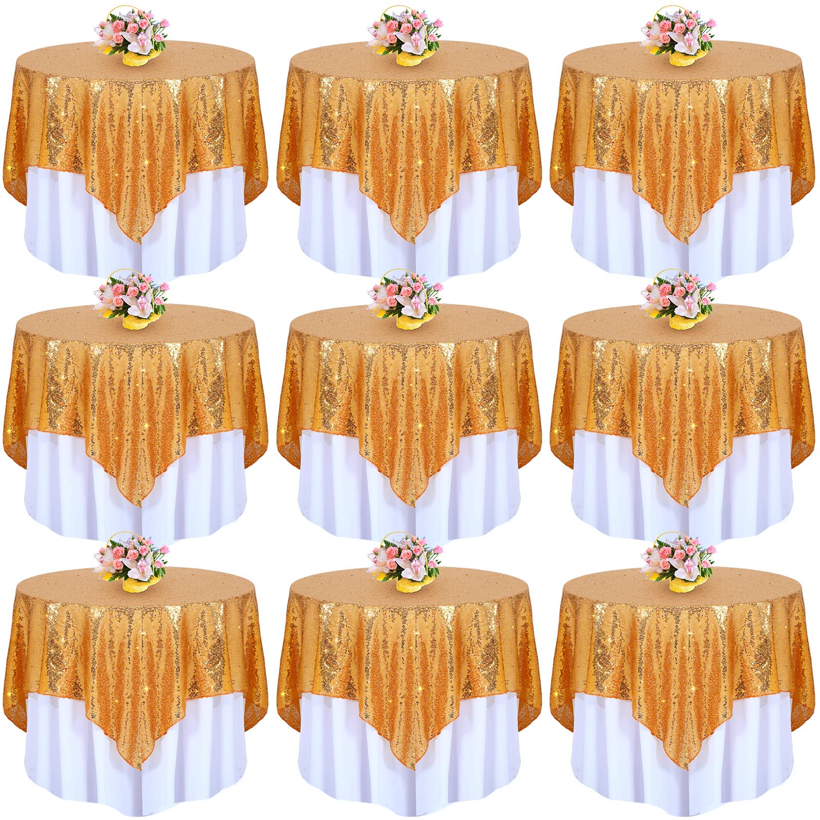 Moukeren 10 Pcs 50''x50'' Square Sequin Tablecloth Glitter Tablecloth Overlays Sequin Table Cover for Bridal Shower, Wedding Birthday, Wedding, Dessert, Banquet Decorations (Gold)